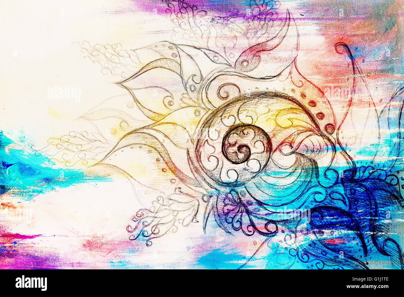 Color drawing of ornamental flower structure. Original hand drawn and ...