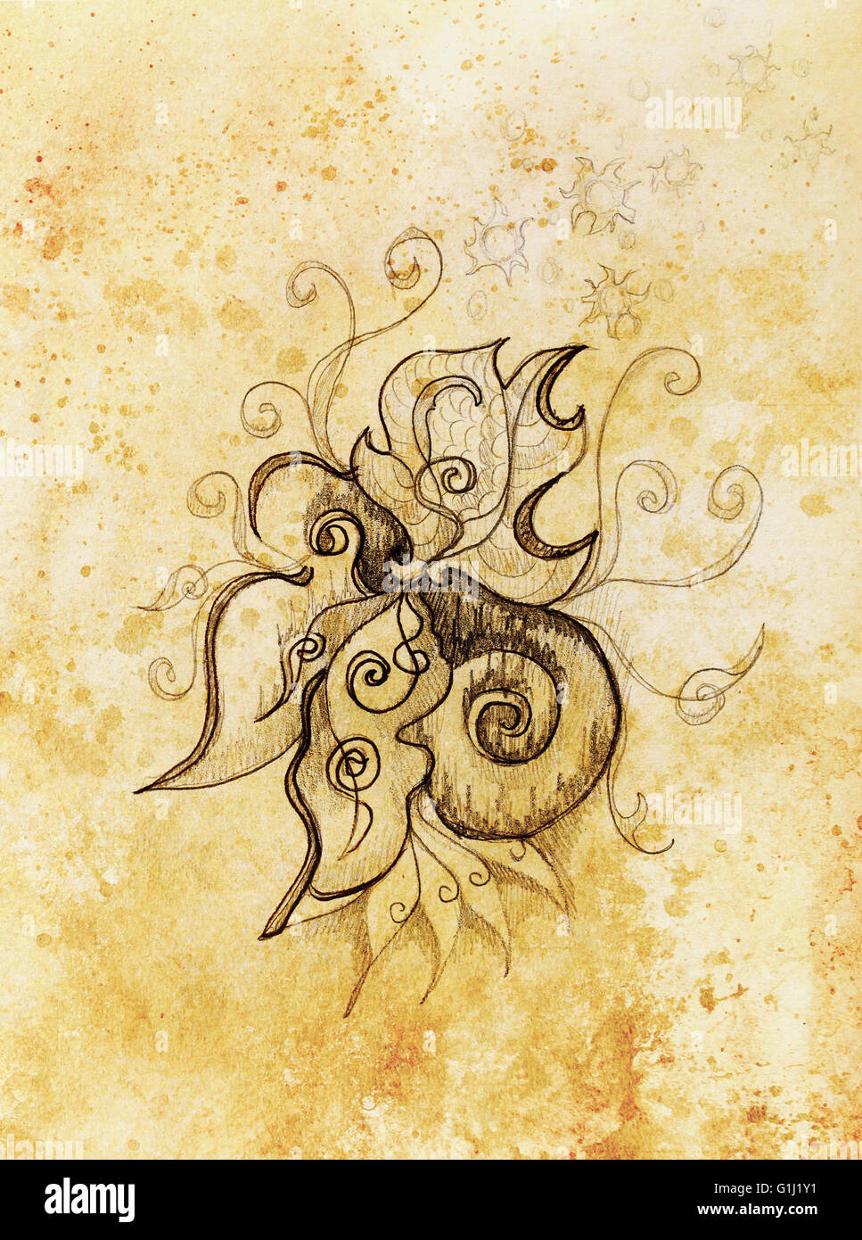Color drawing of ornamental flower structure. Original hand drawn and ...