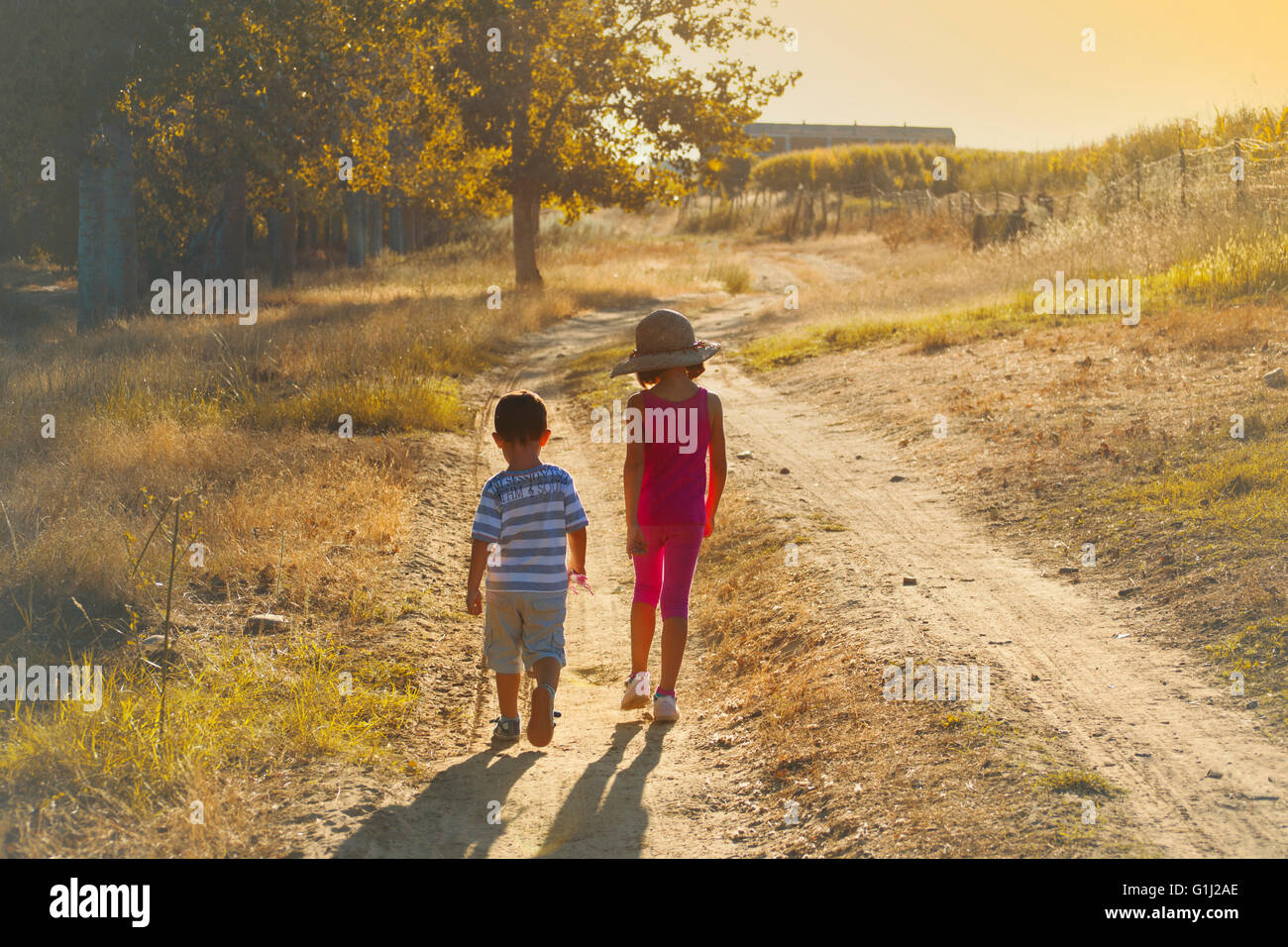Rear view of boy and girl walking along footpath Stock Photo - Alamy