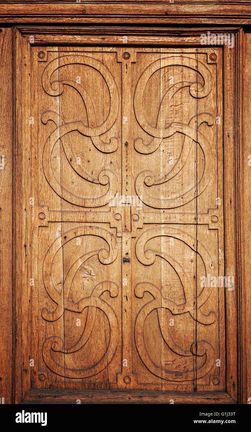 Image of a beautiful old wooden door. Holy Trinity church, Kristianstad ...