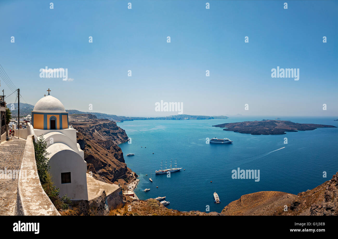 Image of a cliffside church with breathtaking veiws. Santorini, Greece ...