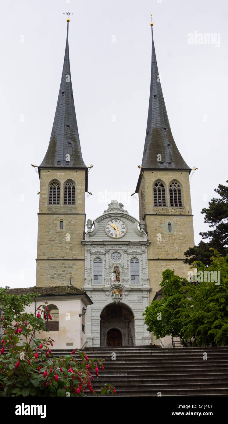 Church of St Leodegar with twin spires, Lucerne, Switzerland Stock ...