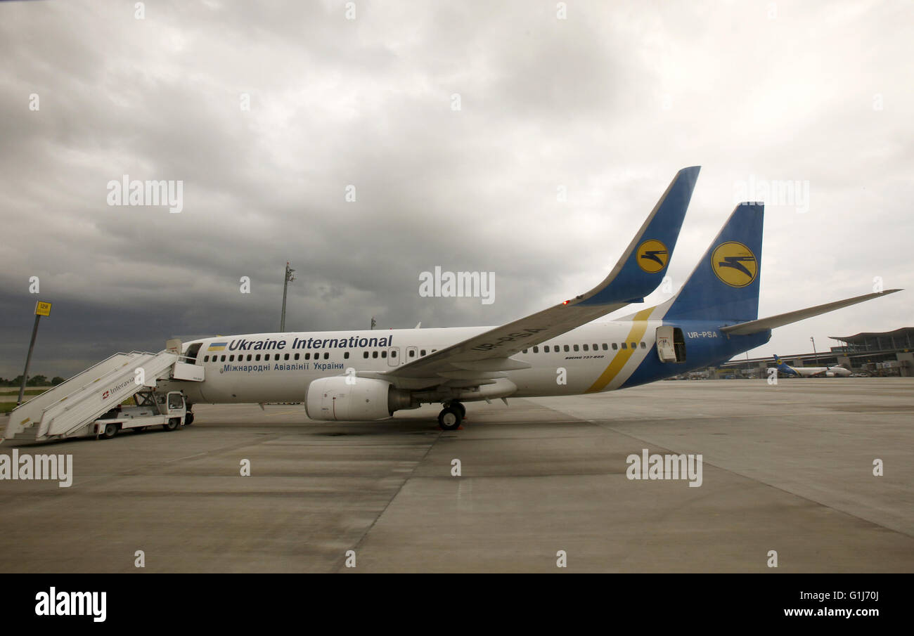 The airplane of the Ukrainian International airlines is seen at the at ...