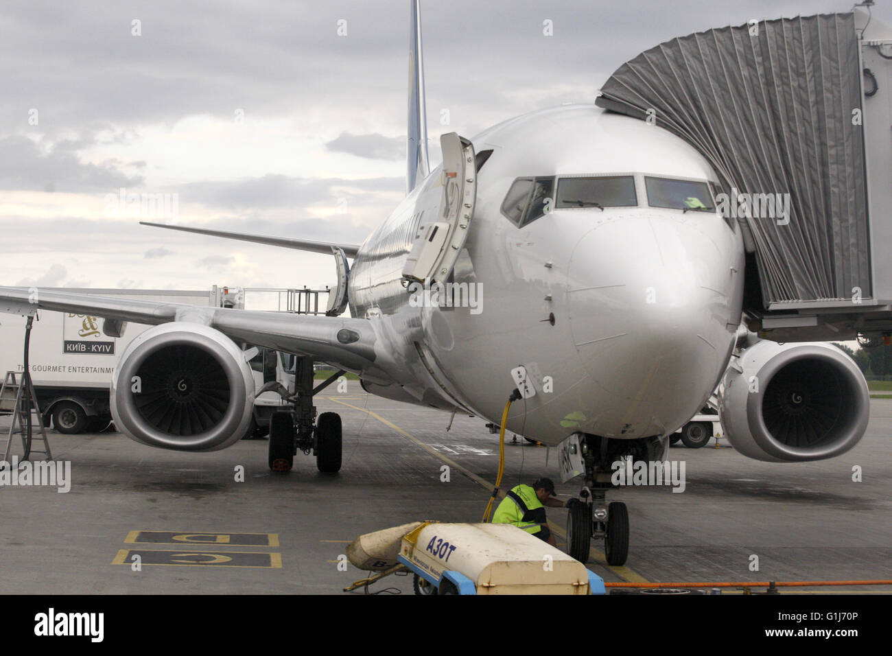 The airplane of the Ukrainian International airlines is seen at the at ...