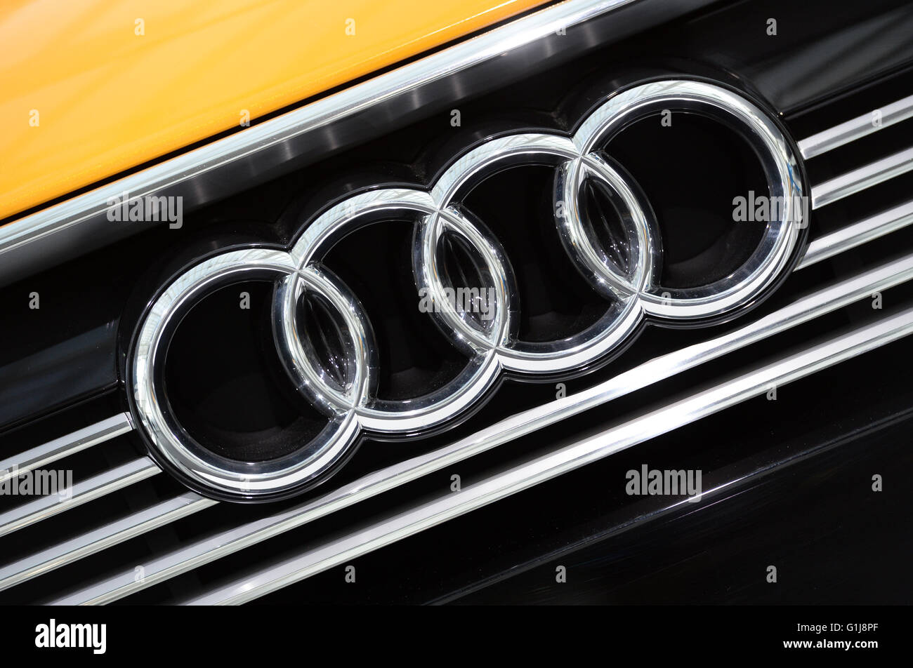 Ingolstadt, Germany. 12th May, 2016. The Audi logo on the front of an ...