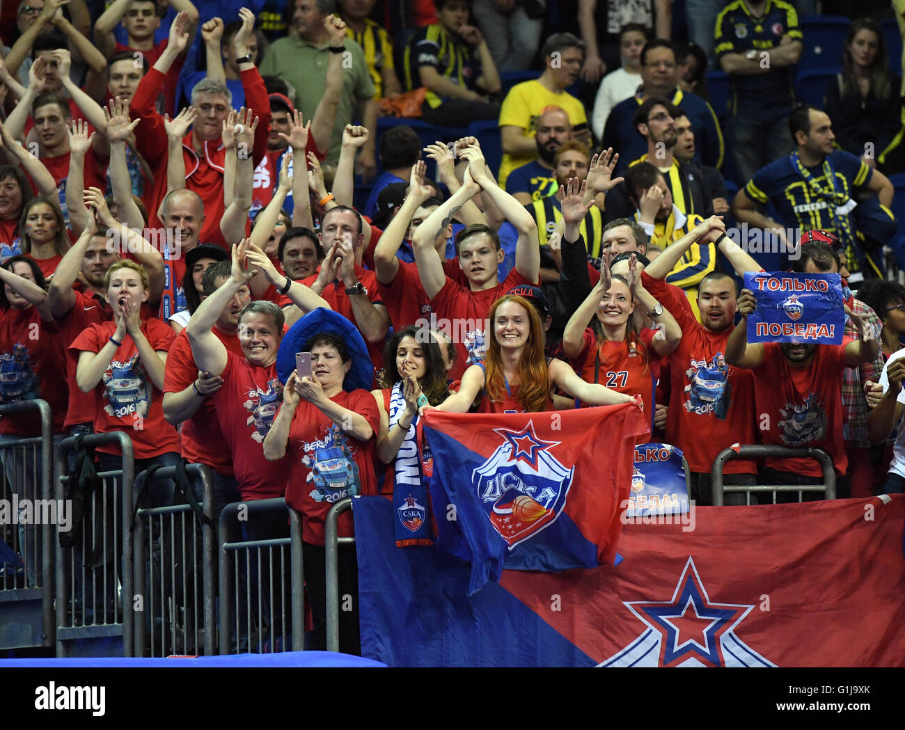 Berlin, Germany. 15th May, 2016. Supporters of CSKA Moscow cheer after ...