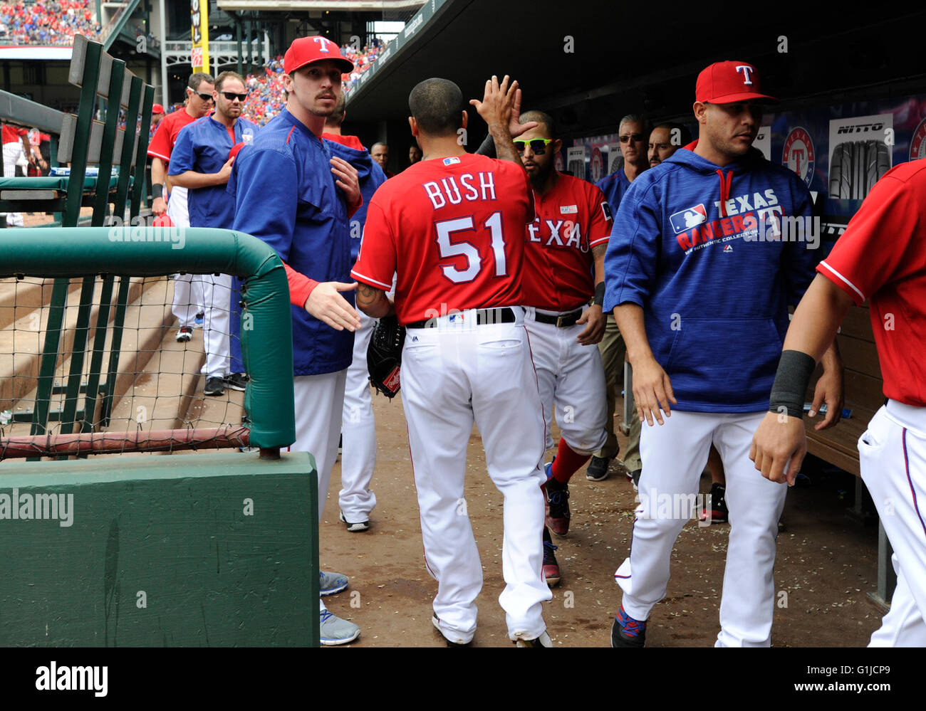 May 15, 2016: Texas Rangers relief pitcher Matt Bush #51 is greeted at ...