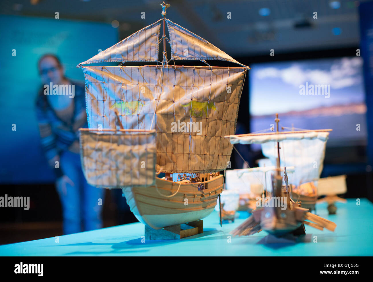 Bramsche, Germany. 21st Apr, 2016. The model of a Roman merchant vessel ...