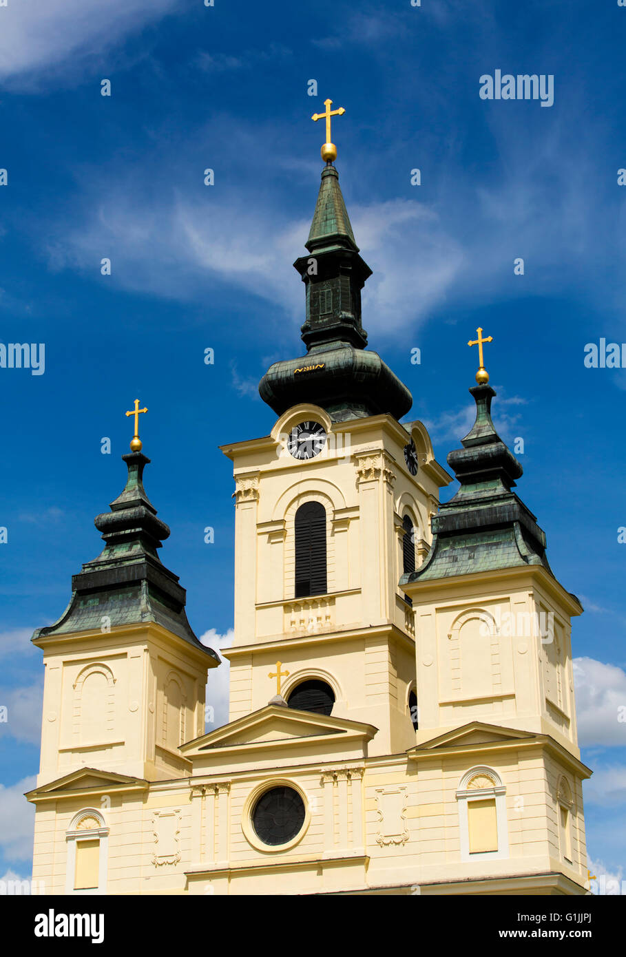 Orthodox church towers with clock. Curug, Vojvodina, Serbia Stock Photo ...