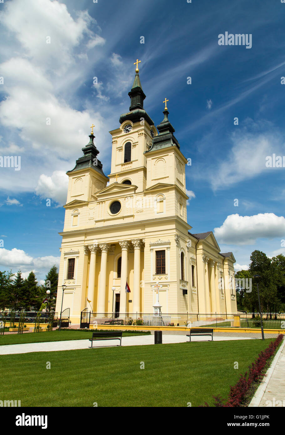 Orthodox church towers with clock. Curug, Vojvodina, Serbia Stock Photo ...