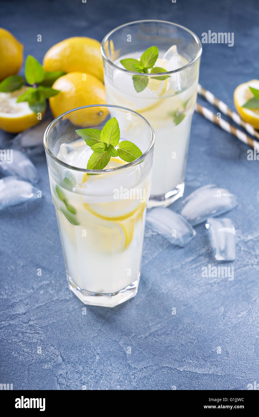 Classic lemonade on blue background Stock Photo - Alamy