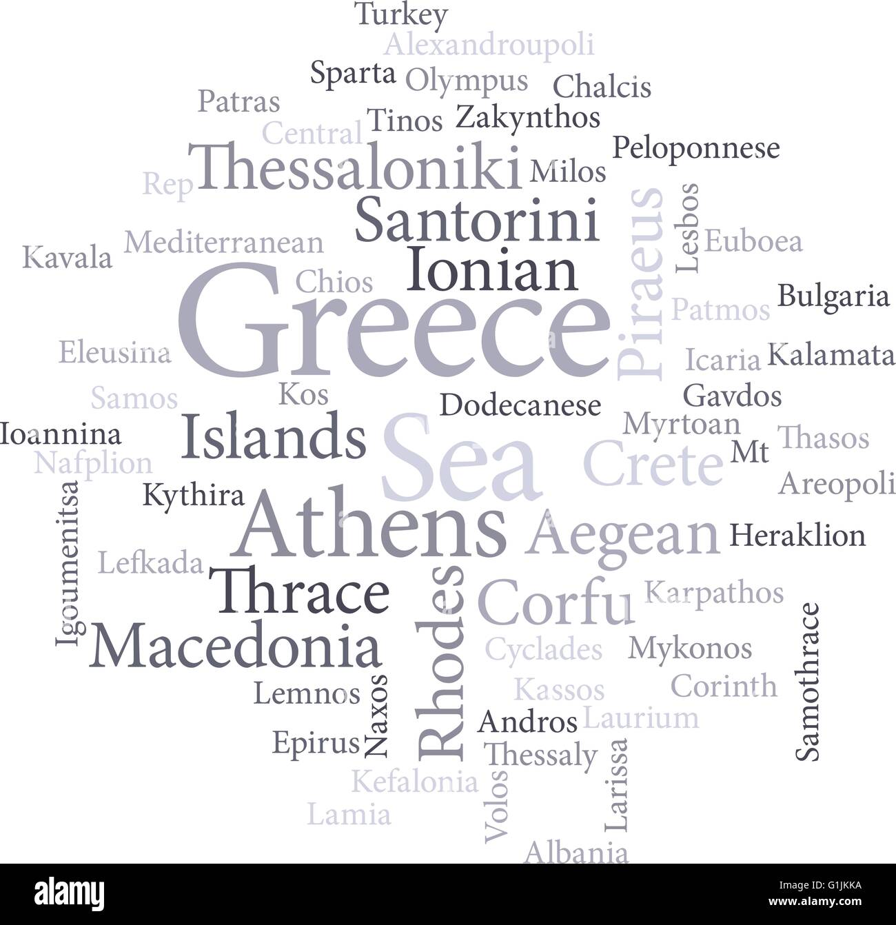 illustration of the word cities of greece in word clouds isolated on ...
