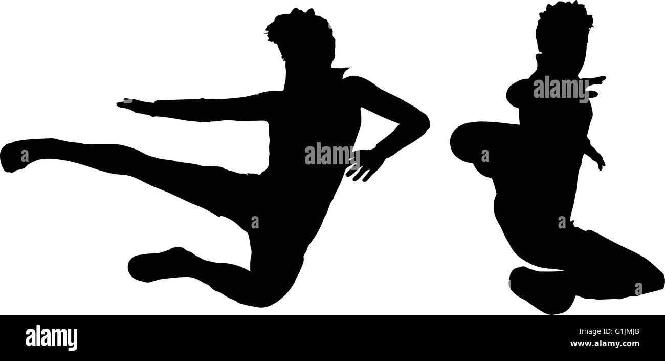EPS 10 Vector of man silhouette in Flying Kick position on white ...