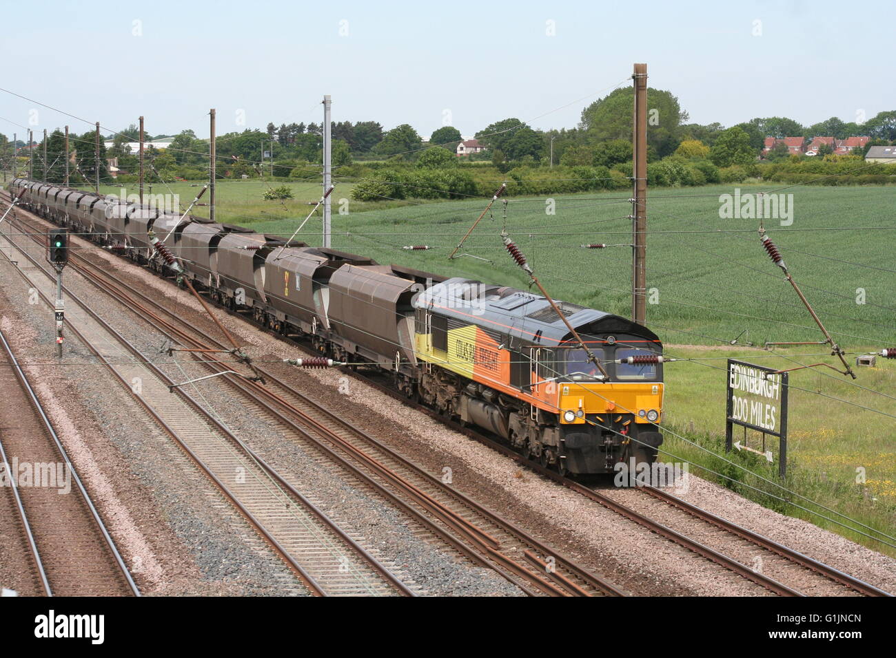 Colas Rail Coal Train heads south at Skelton Yorkshire on the East ...