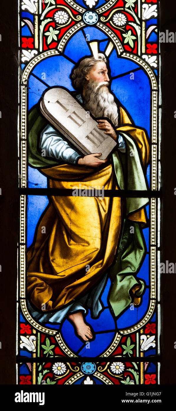 Moses stained glass, All Hallows Church, South Cerney, Gloucestershire ...