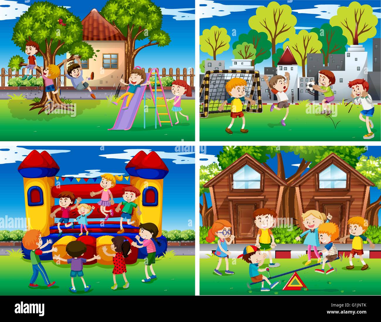 Four scenes of children playing in the park illustration Stock Vector ...