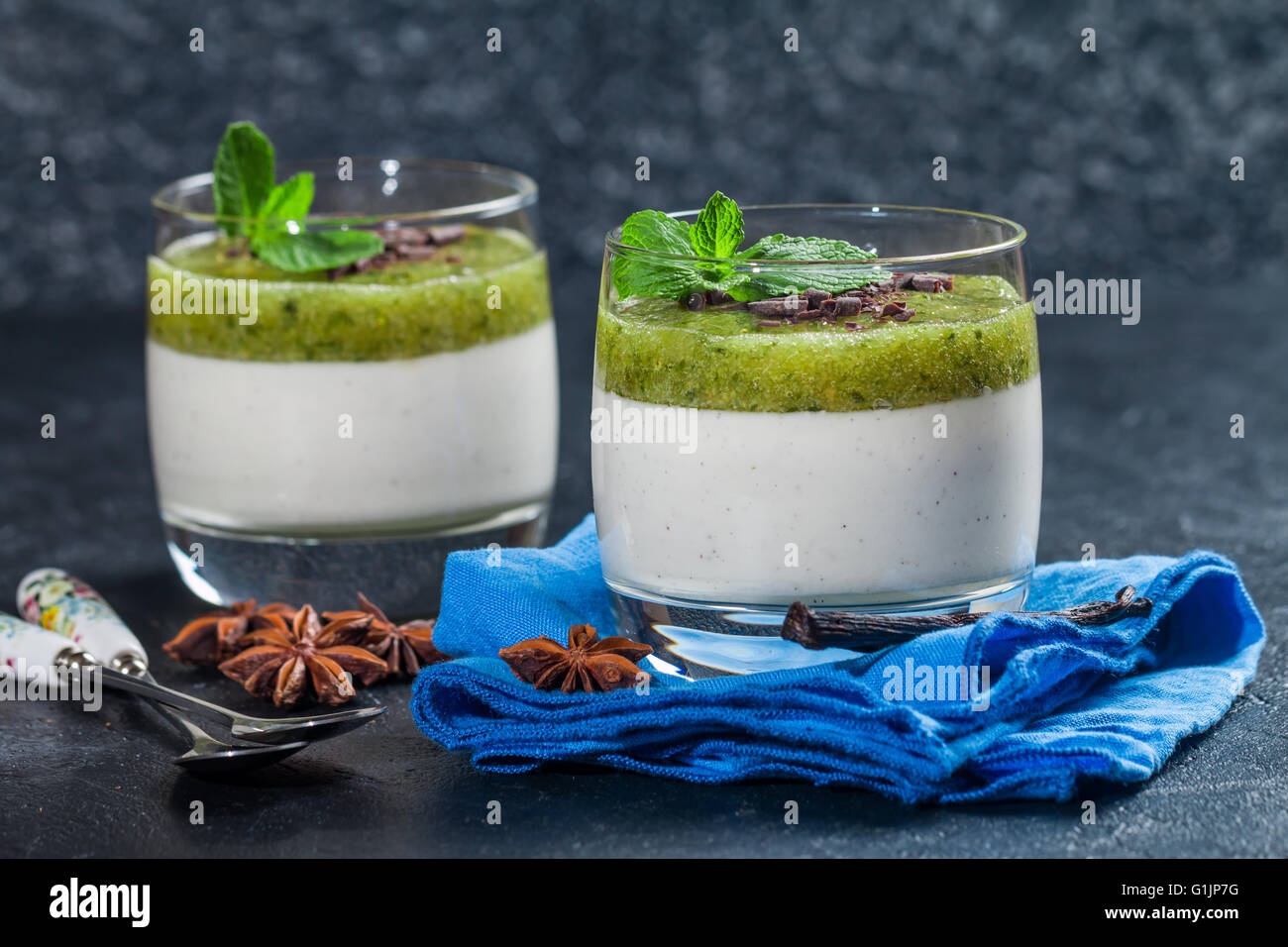 Fruit dessert green panna cotta Stock Photo - Alamy