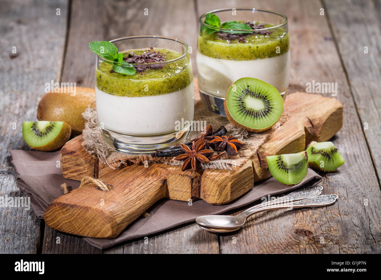 Fruit dessert green panna cotta Stock Photo - Alamy