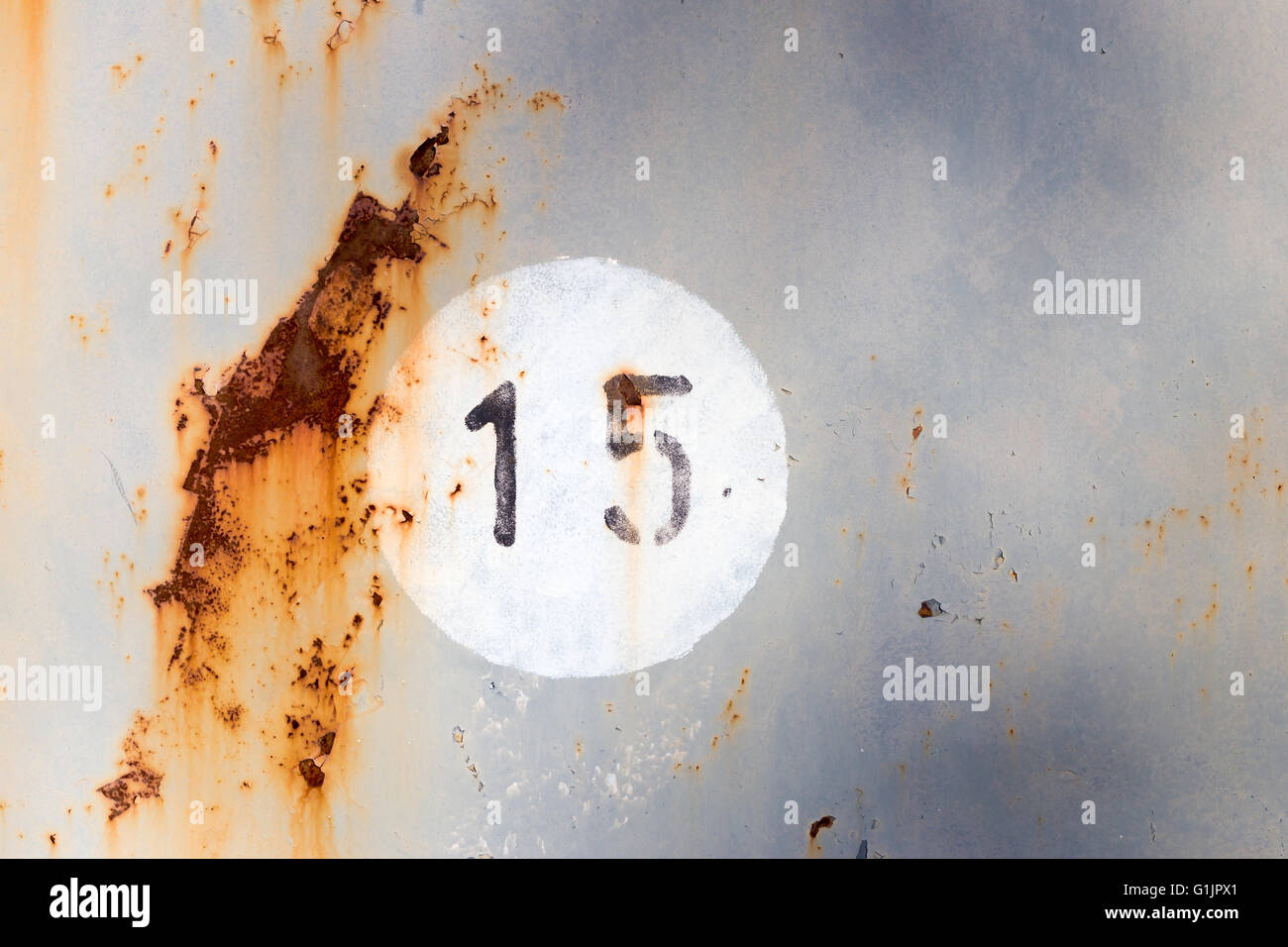 Number 15 on old painted and rusted metal panel Stock Photo - Alamy