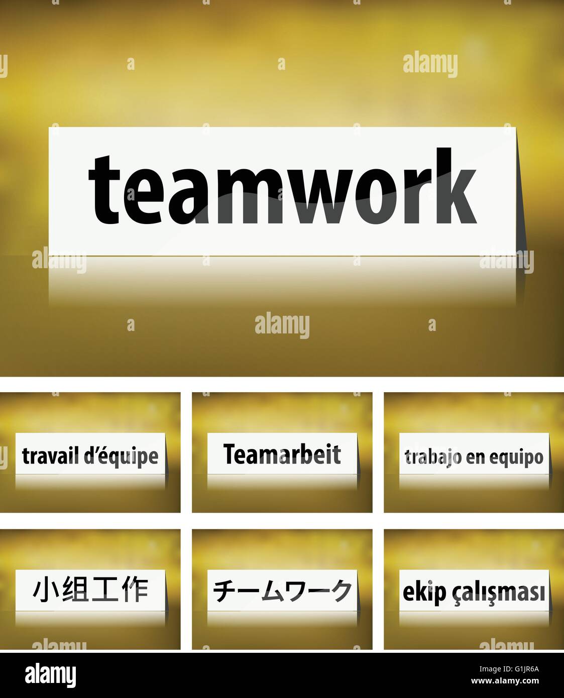 Illustration of Teamwork Concept on white background in seven languages ...