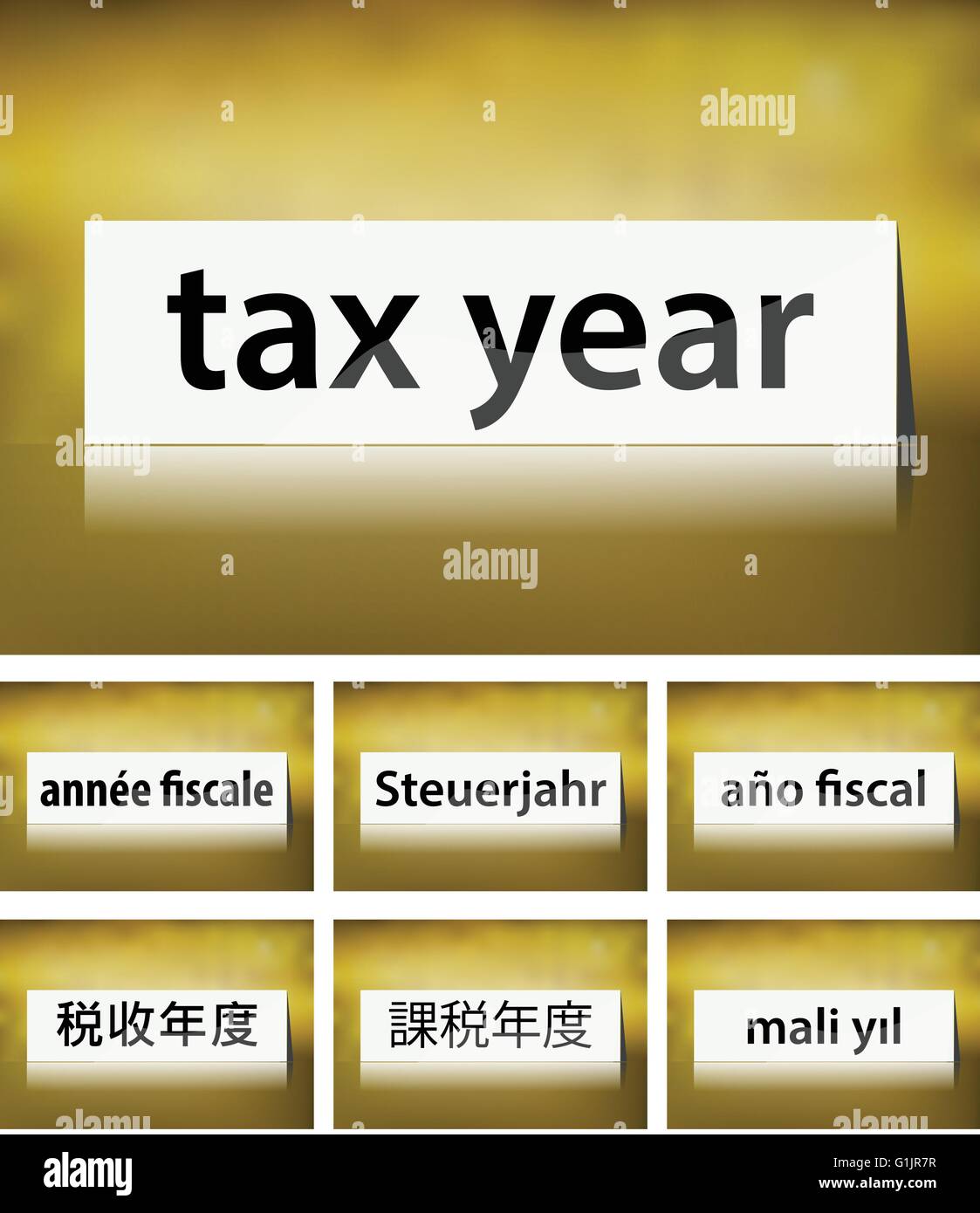 Illustration of Tax Year Concept on white background in seven languages ...