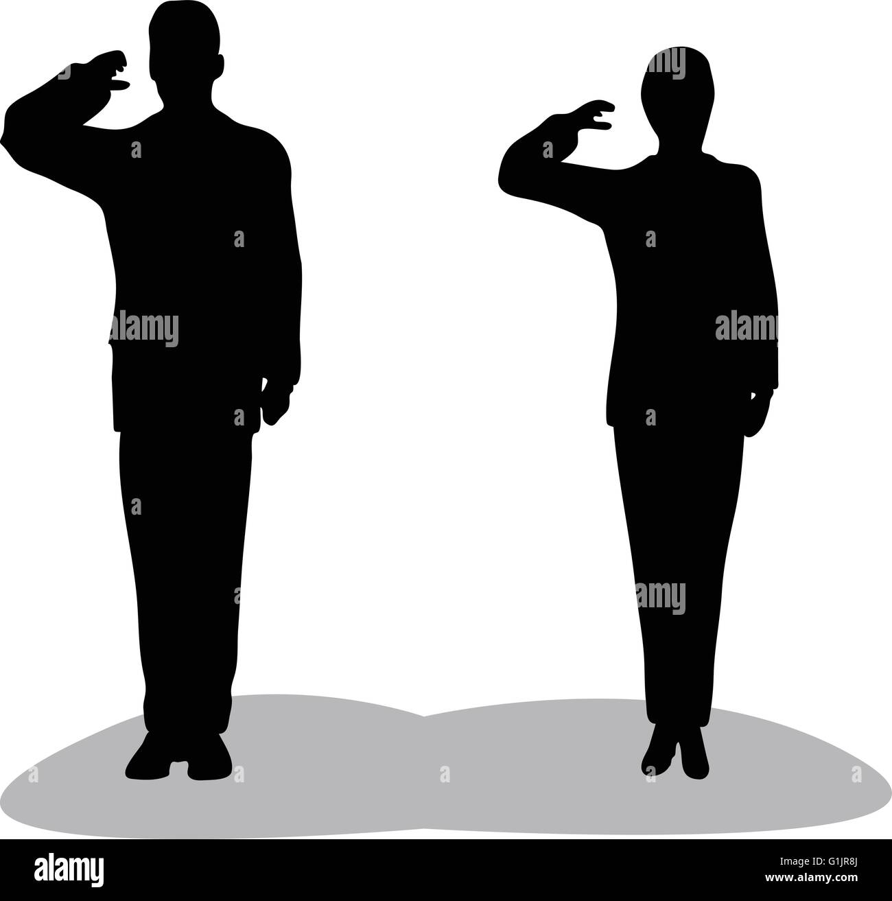 Business man and woman give salute isolated on white background ...