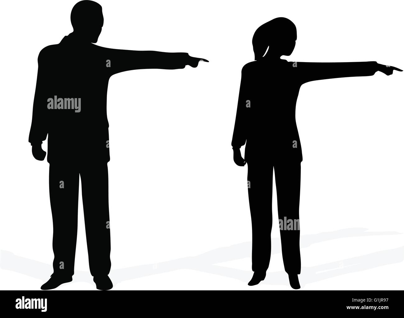 Side view of business people pointing out at copyspace, over white ...