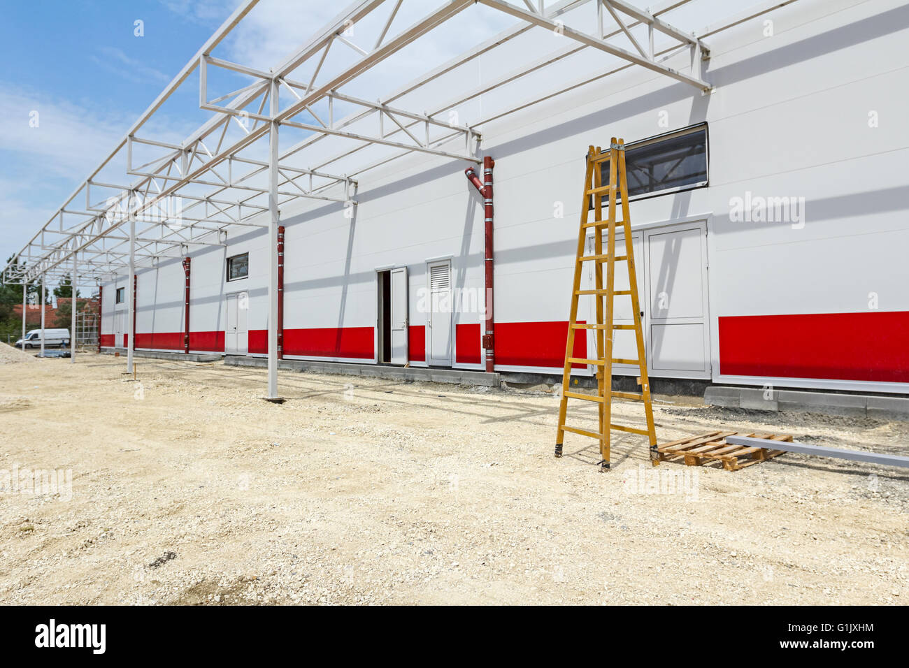 Workers are used wooden ladder at construction site Stock Photo - Alamy
