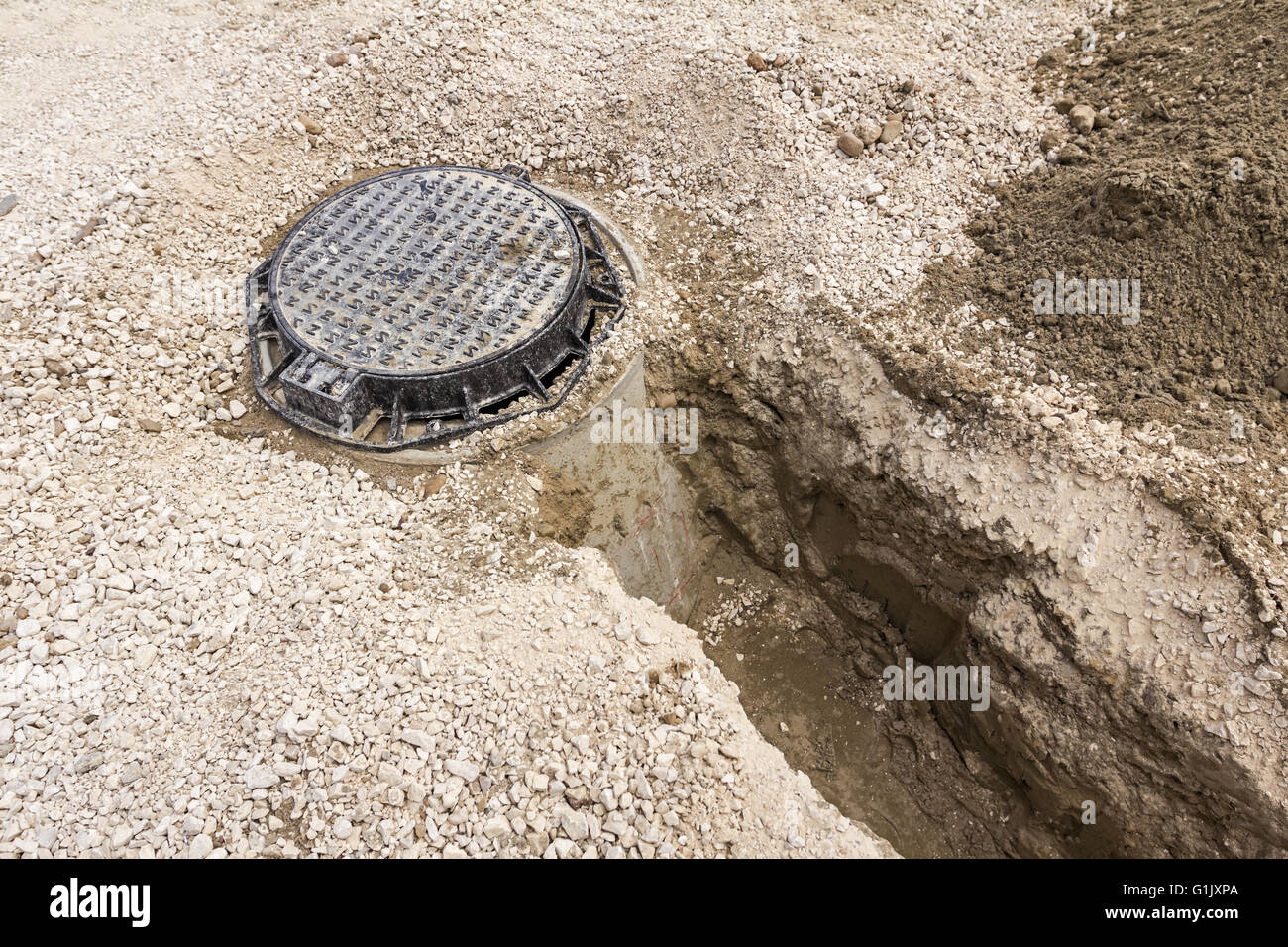 New manhole is marked for drilling new hole for small pipe Stock Photo ...