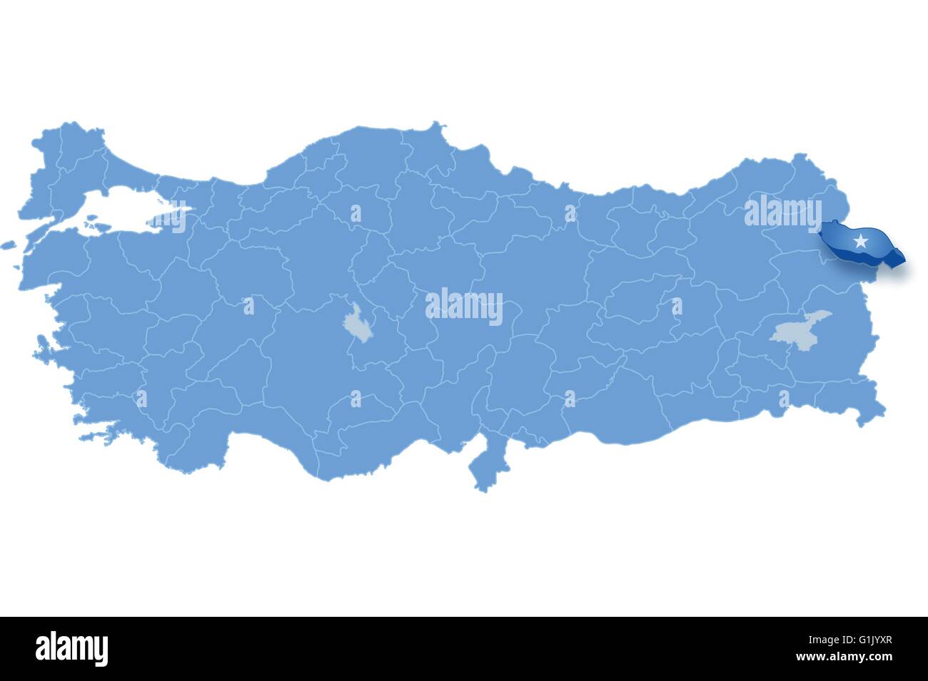 Map of Turkey where Igdir province is pulled out, isolated on white ...