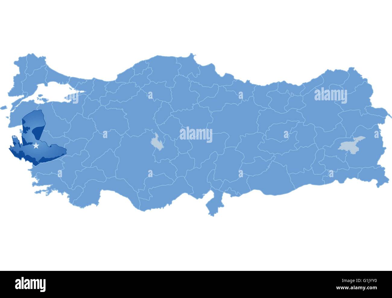 Map of Turkey where Izmir province is pulled out, isolated on white ...