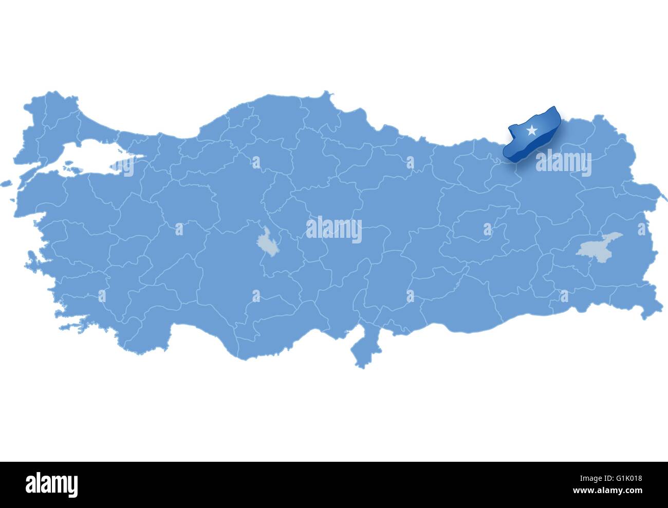 Map of Turkey where Rize province is pulled out, isolated on white ...