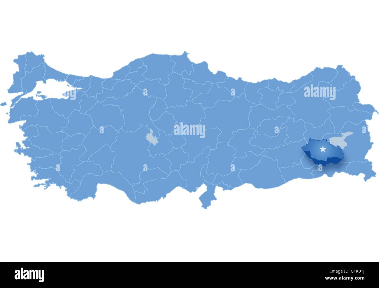 Map of Turkey where Siirt province is pulled out, isolated on white ...