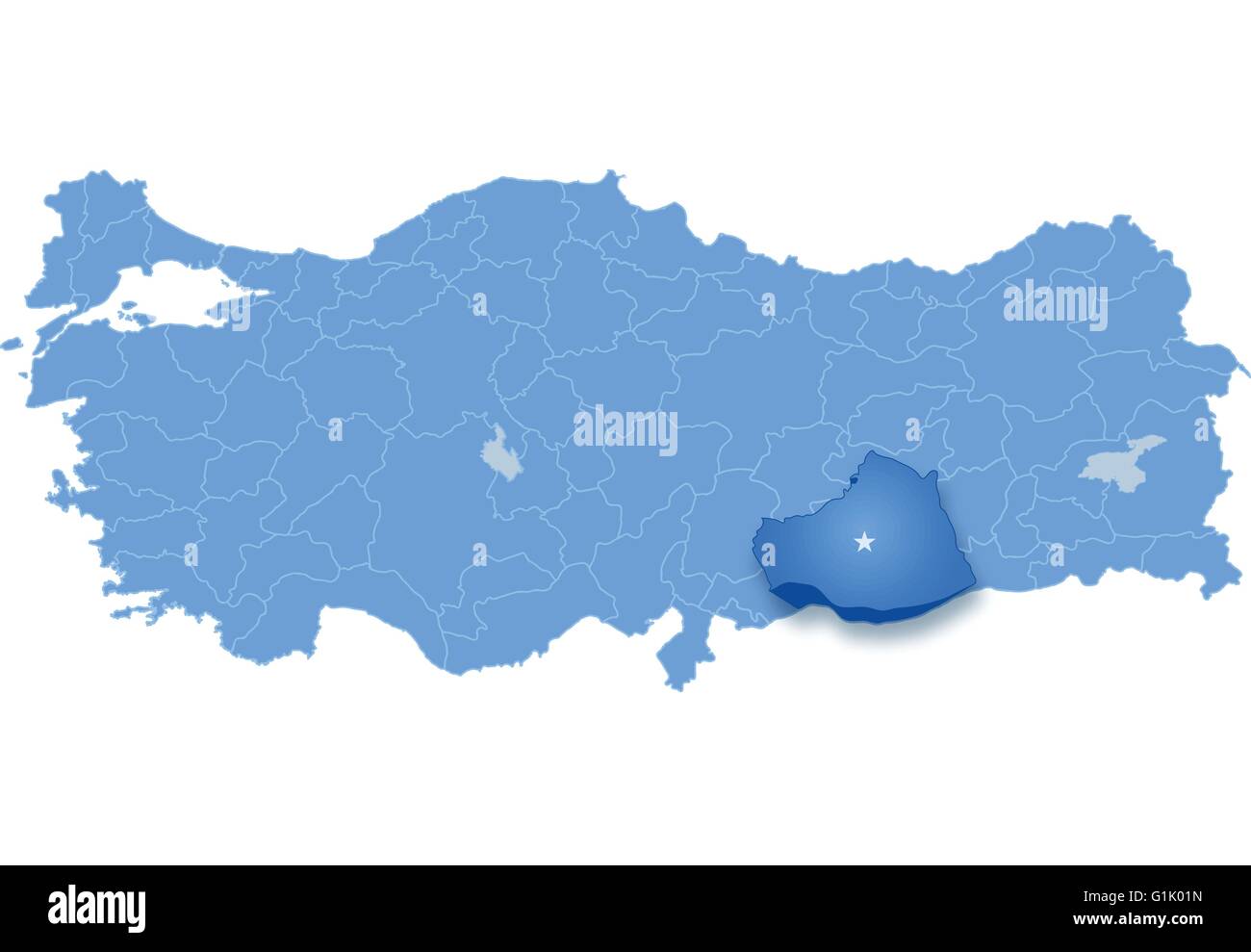 Map of Turkey where Sanliurfa province is pulled out, isolated on white ...