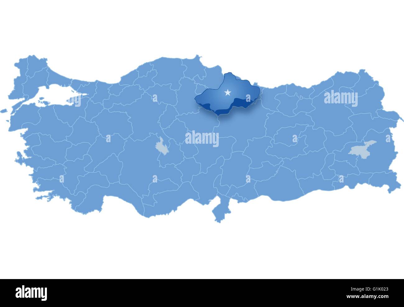 Map of Turkey where Tokat province is pulled out, isolated on white ...