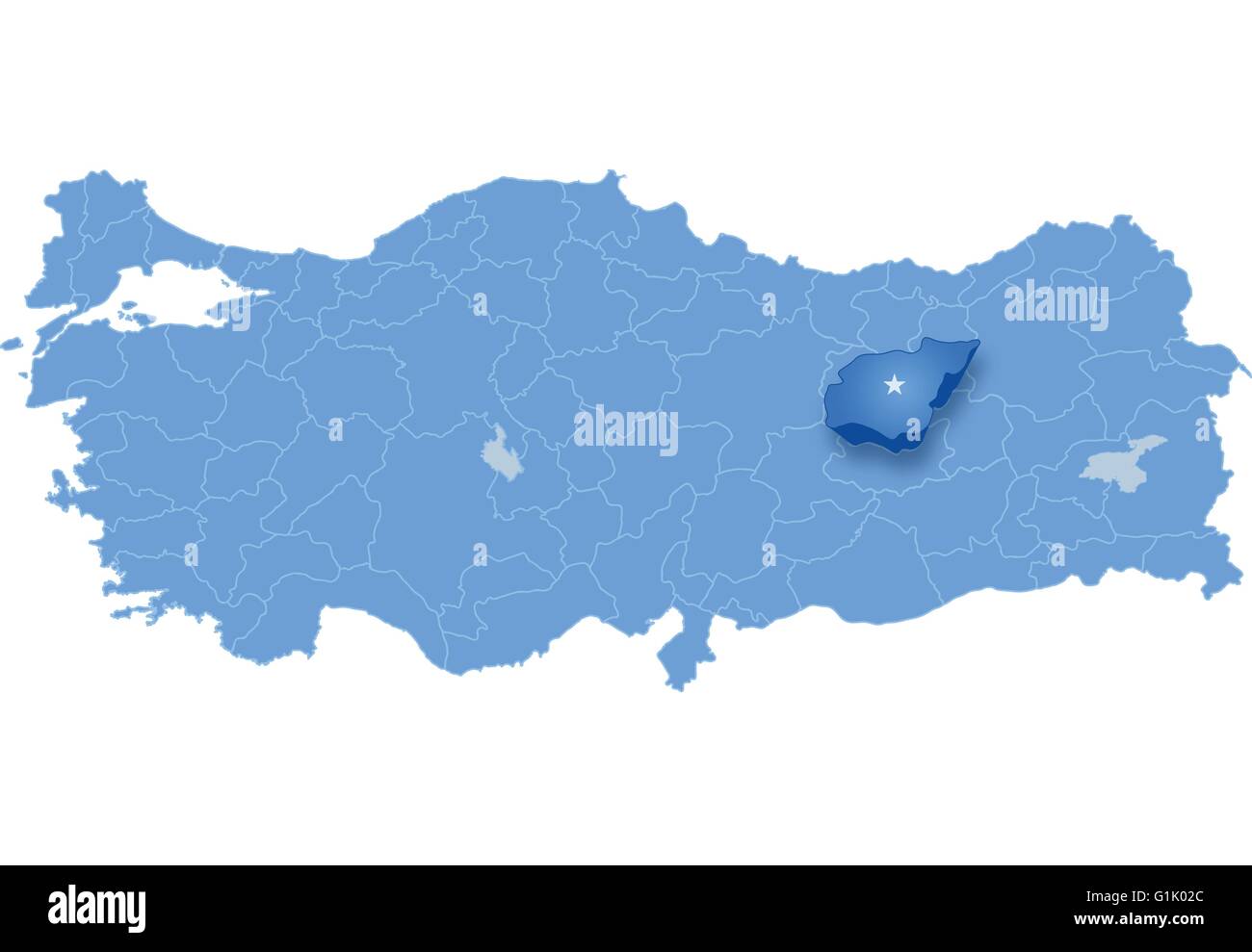 Map of Turkey where Tunceli province is pulled out, isolated on white ...