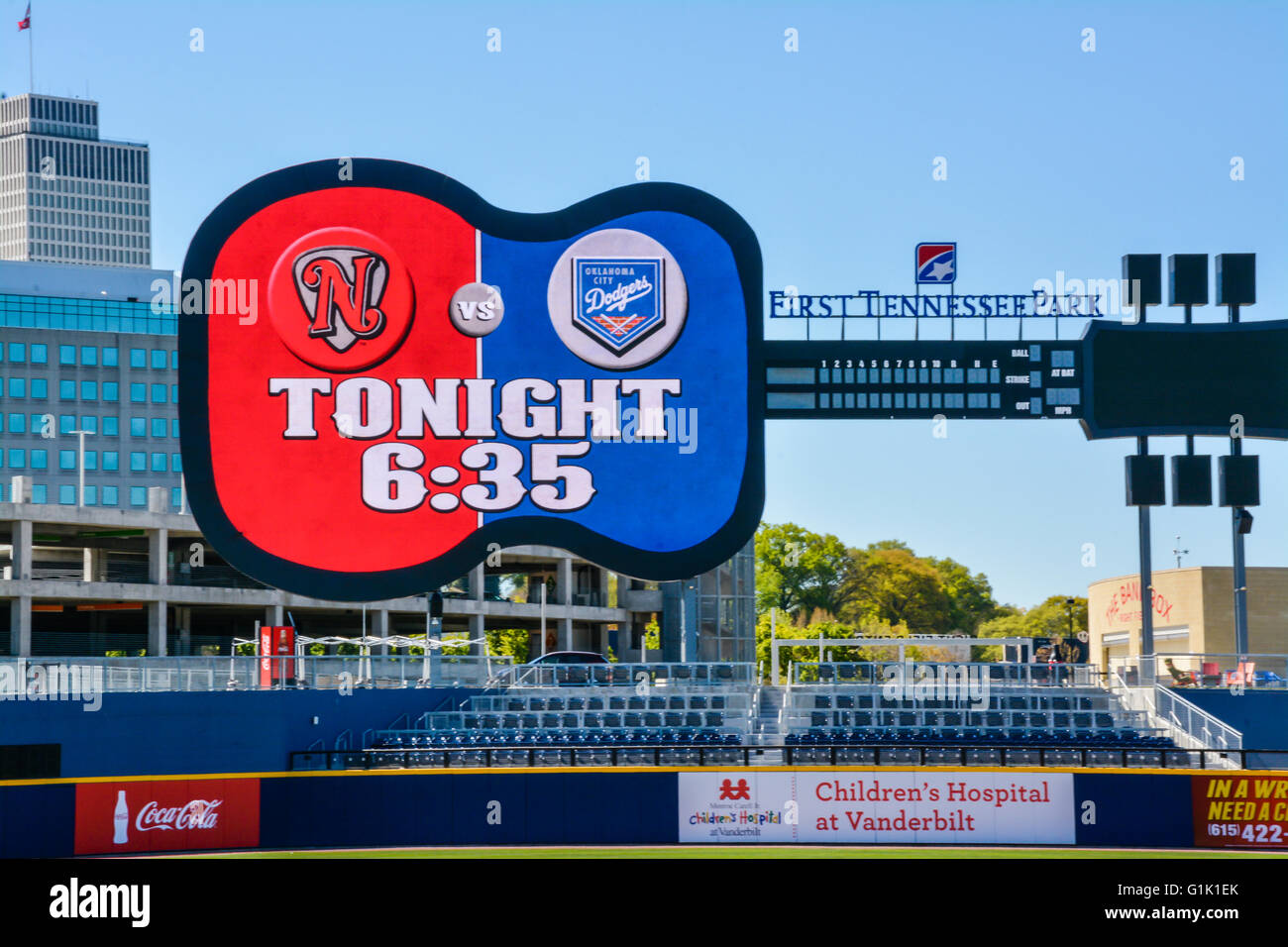 The iconic Guitar shaped scoreboard at the First Tennessee Park stadium ...