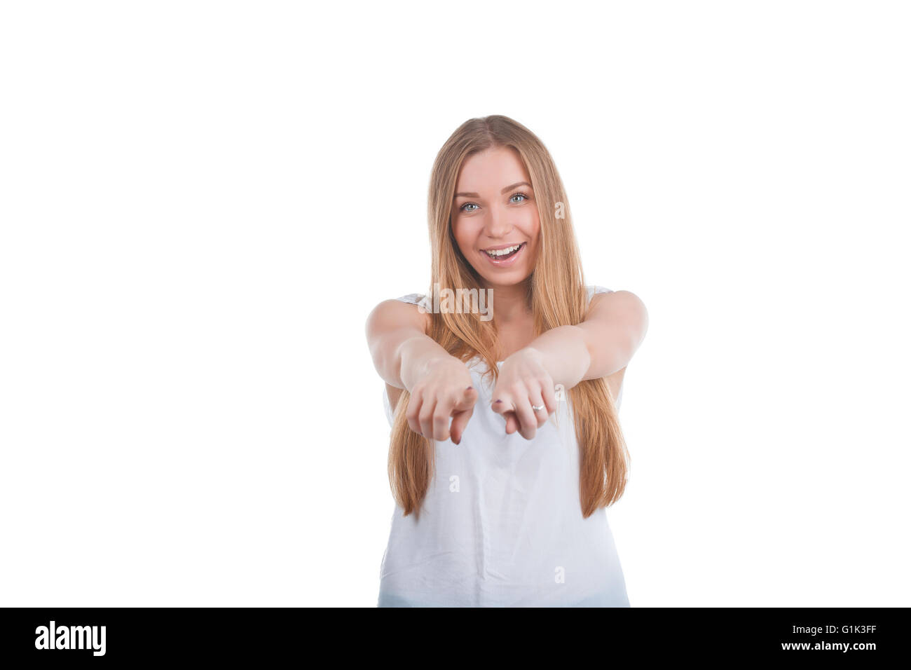 Woman with pointing fingers Stock Photo - Alamy