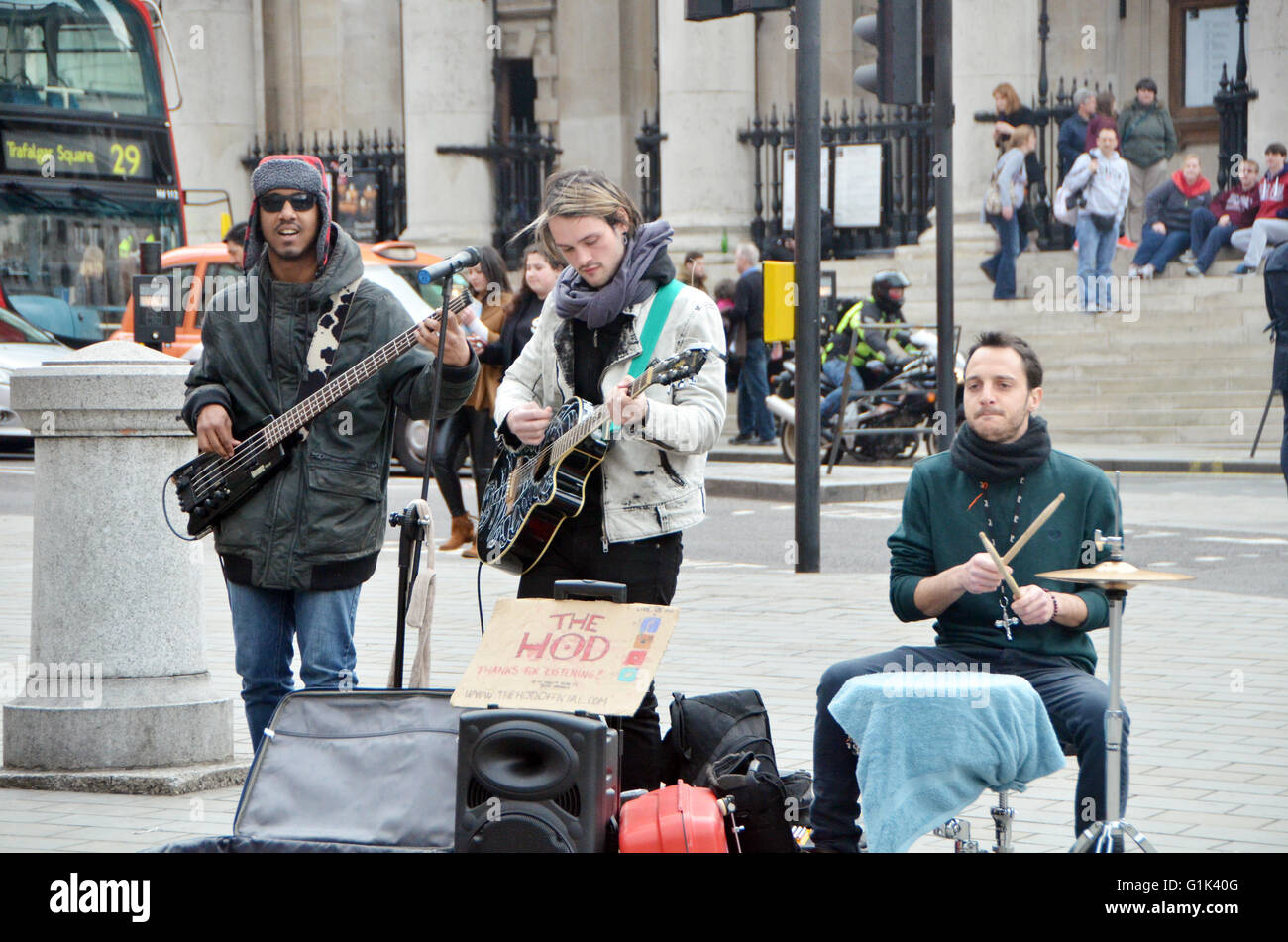 Trafalgar Square,London,UK,Alternative rock band "The Hod" busking ...