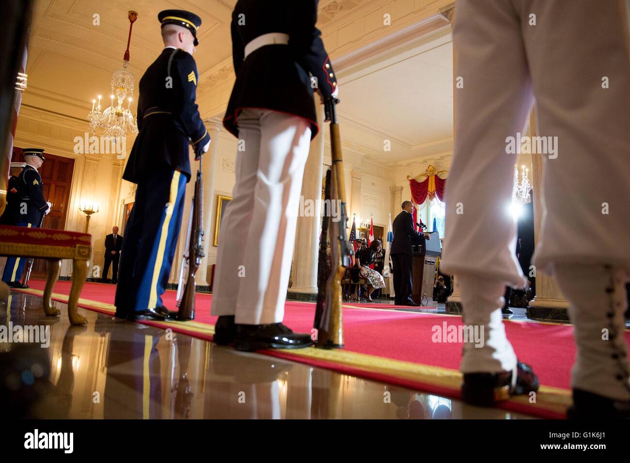 U.S Military Honor Guard stand in the Cross Hall during remarks by ...