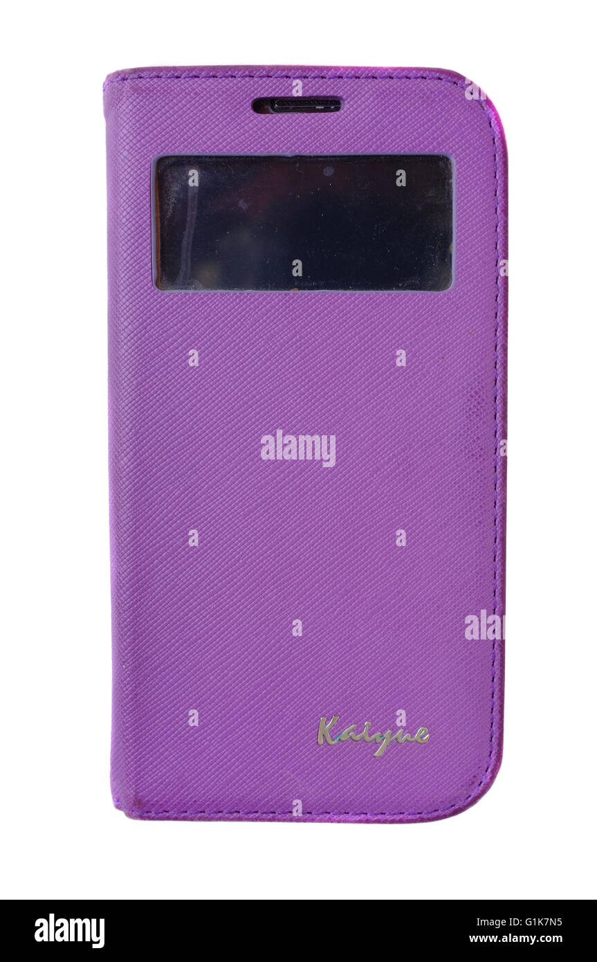 A purple smartphone cover photographed against a white background Stock ...