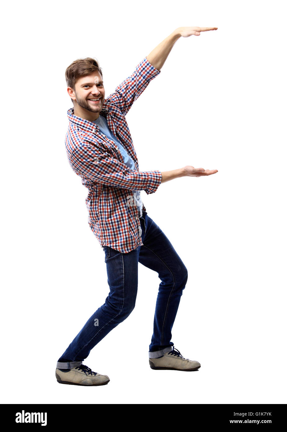 Happy business man presenting and showing with copy space for your text ...