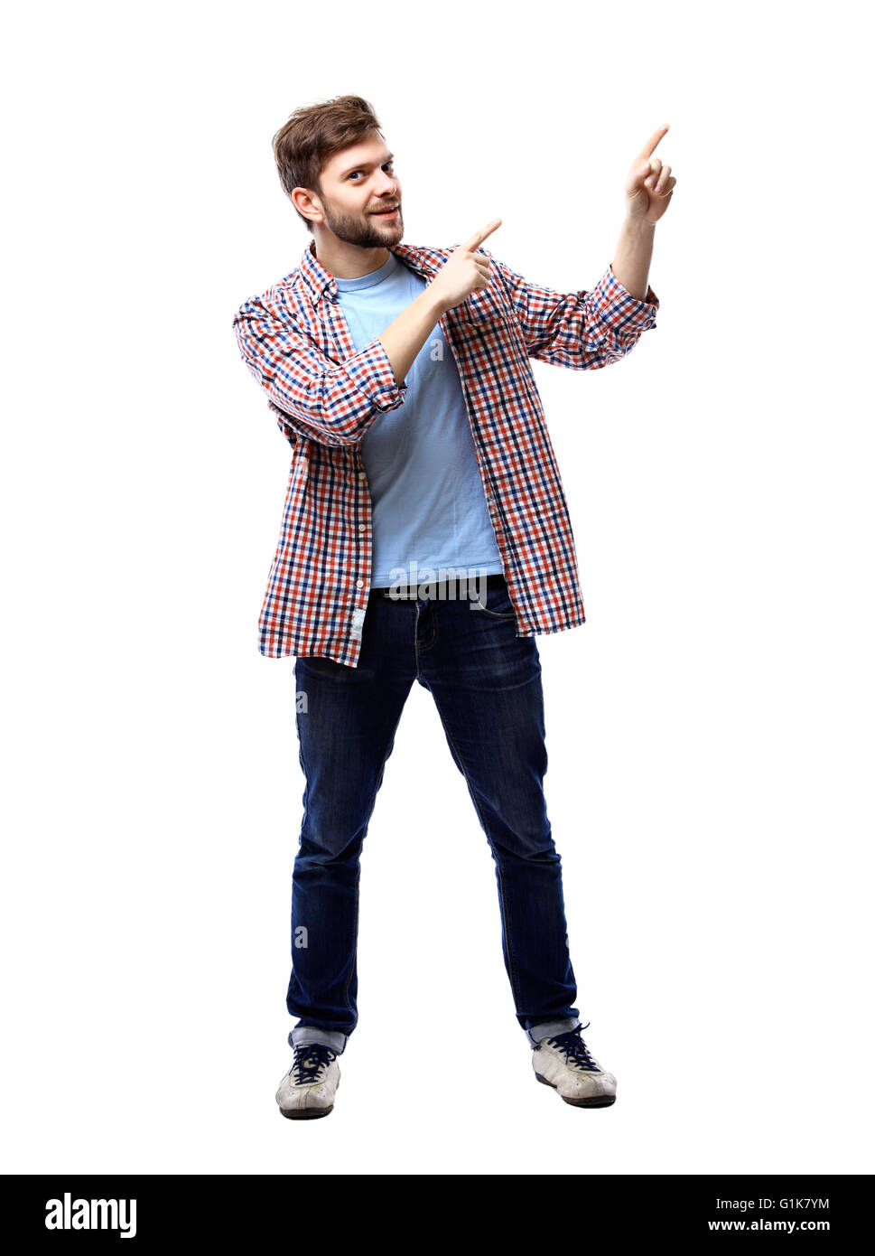 Happy business man presenting and showing with copy space for your text ...