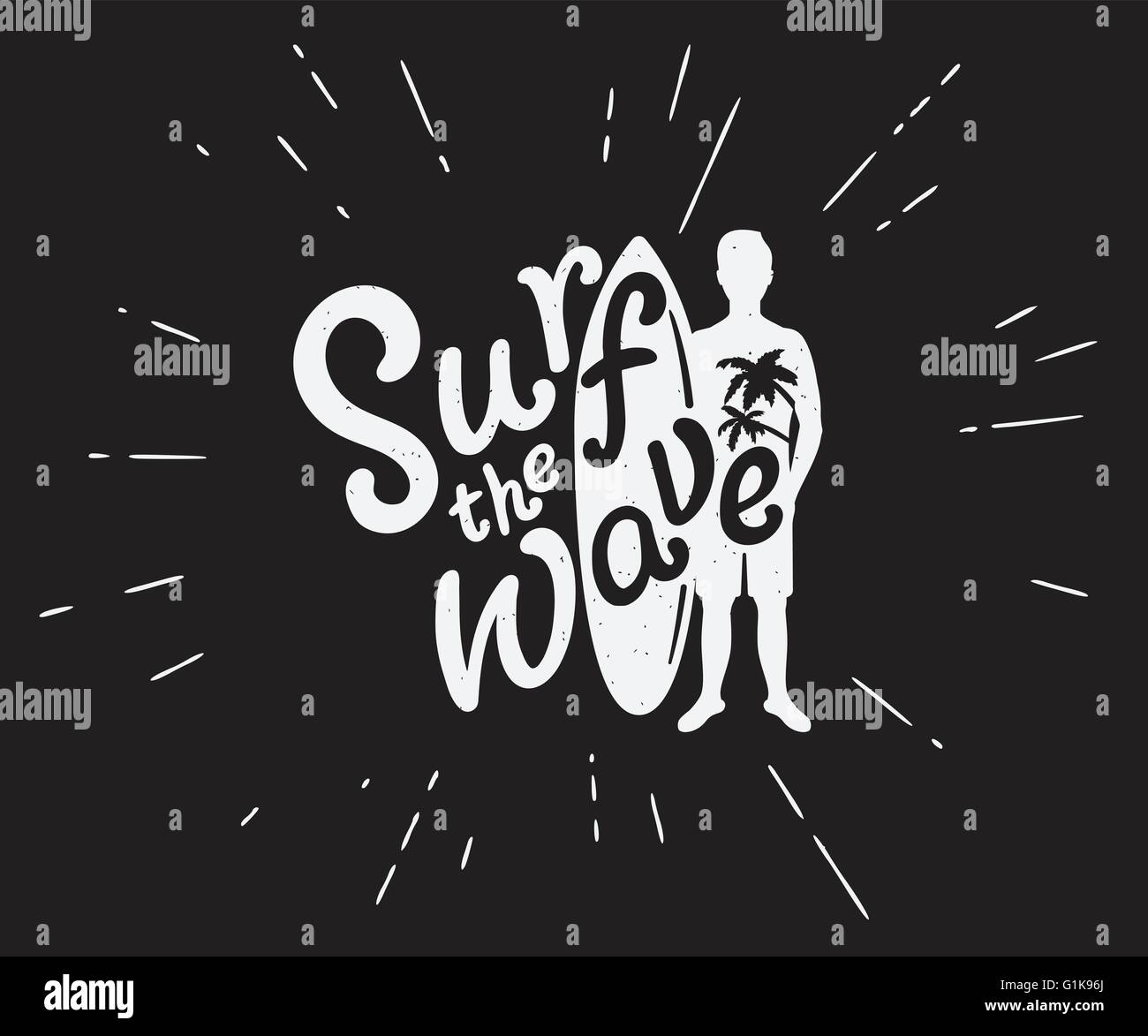 Grunge black and white illustration of surfer with surfboard Stock ...