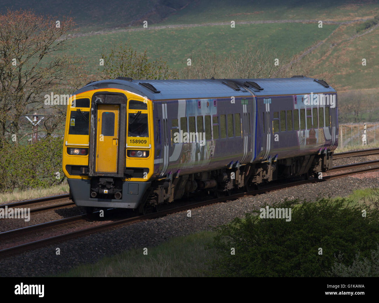 Northern Rail Sprinter 158 train approaching Ribblehead station with a ...