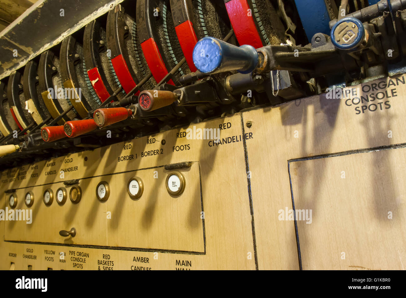 Wooden handles and gages on vintage stage lighting control panel Stock ...