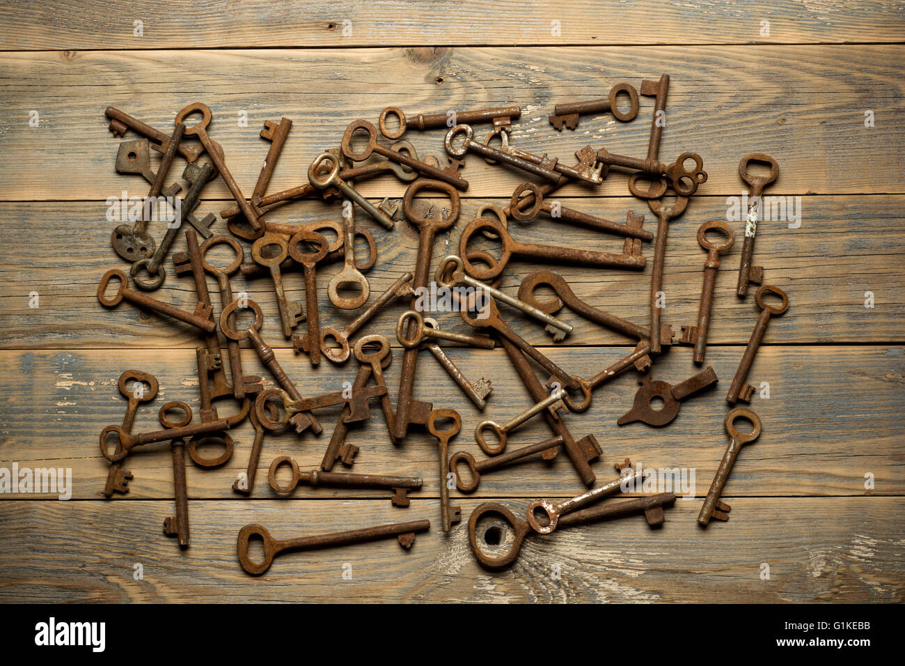 Many old keys on a well used wooden desk Stock Photo - Alamy