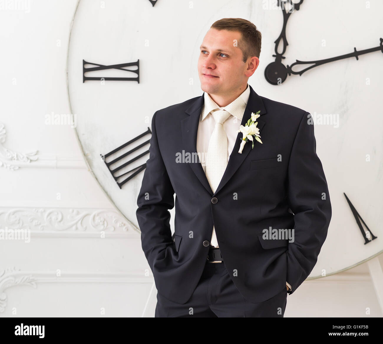 Groom waiting bride. Just married Stock Photo - Alamy
