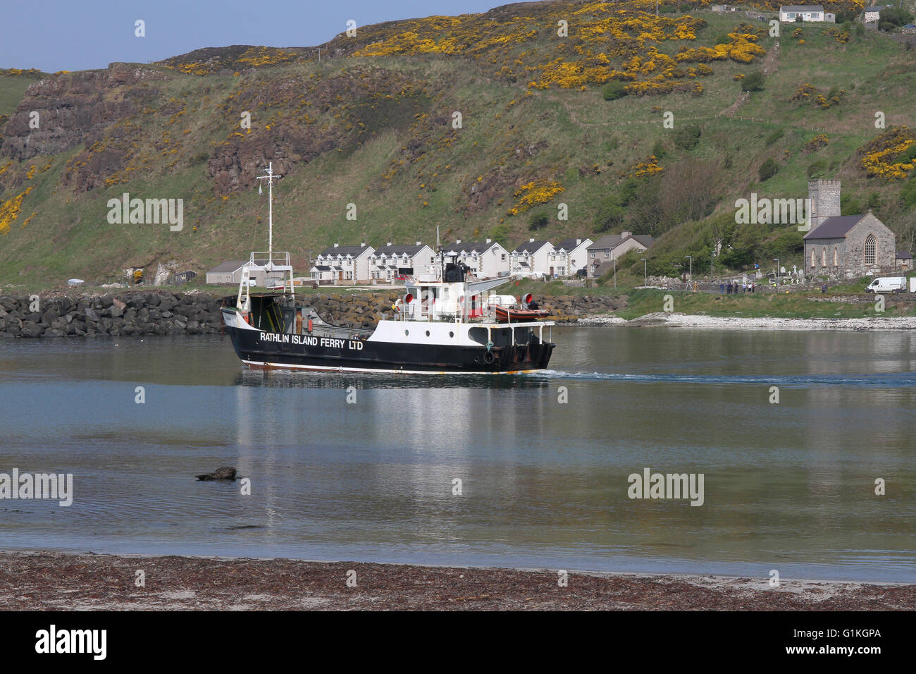 The Rathlin ferry "Canna" leaving Church Bay on Rathlin Island, County ...