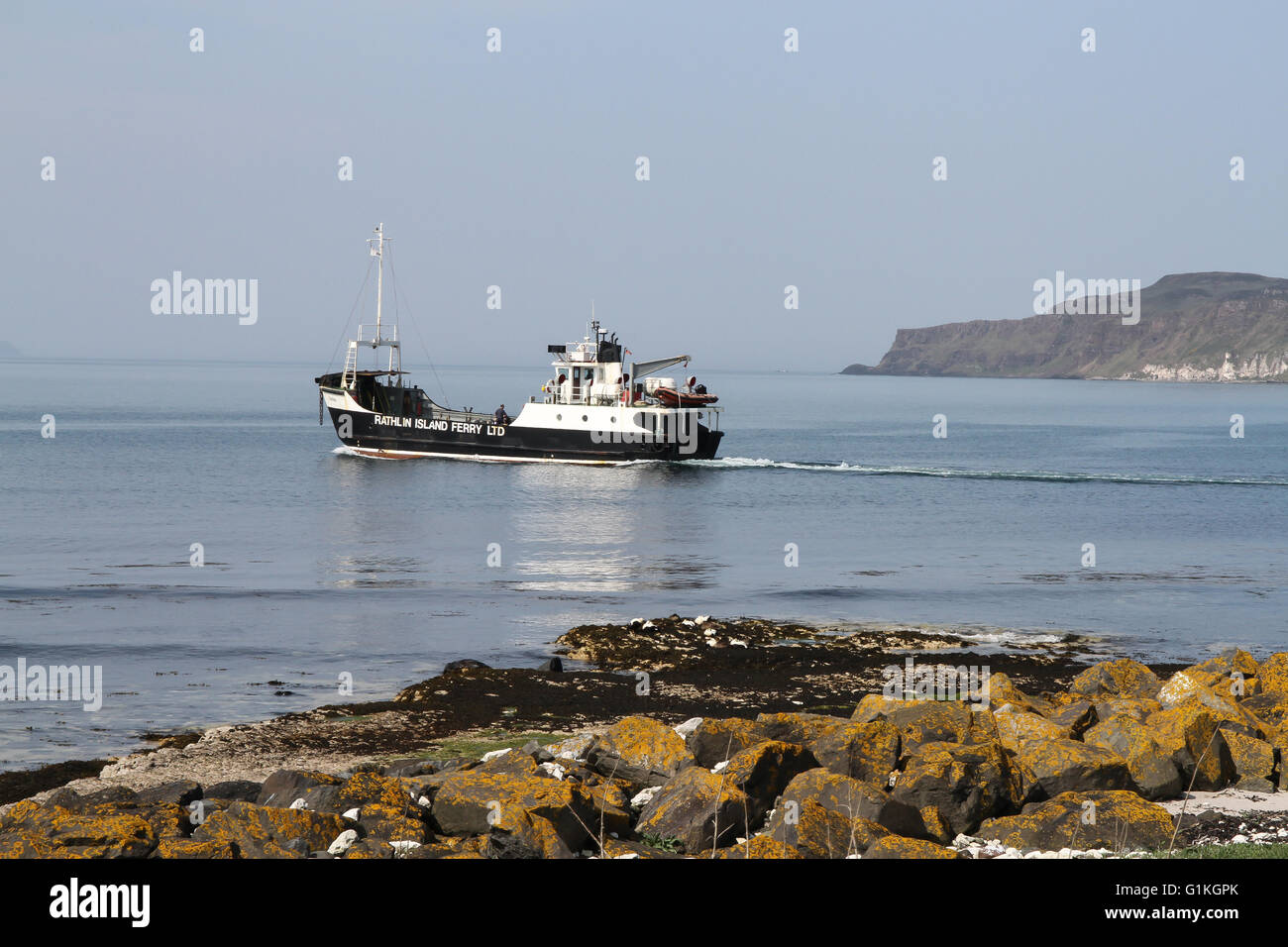 The Rathlin ferry "Canna" leaving Church Bay on Rathlin Island, County ...